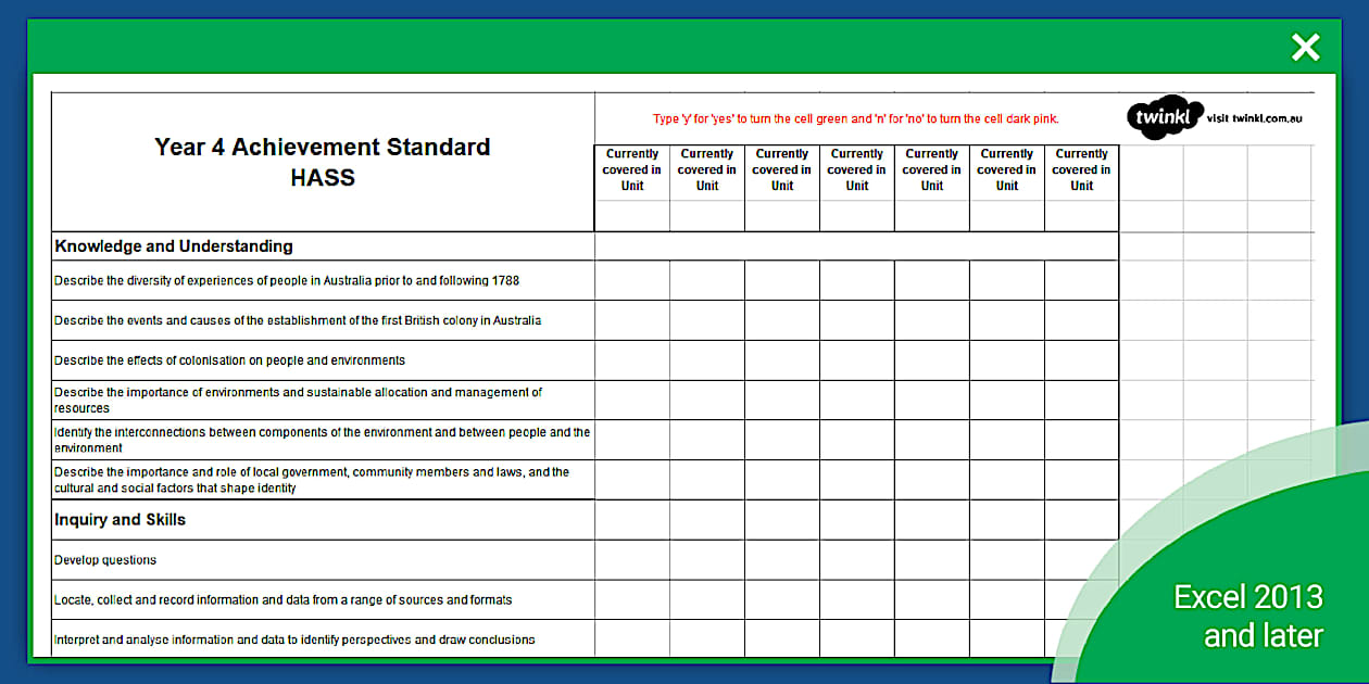 Australian Curriculum HASS Year 4 Achievement Standards Unit Planning