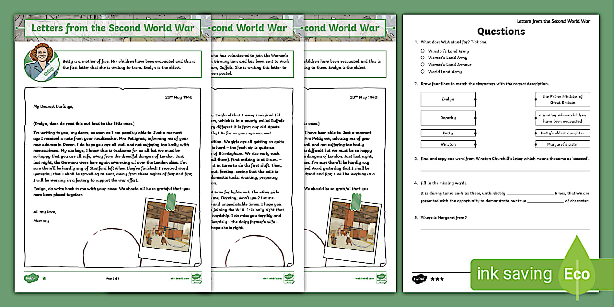 UKS2 Remembering the War: WW2 Letters Comprehension Activity