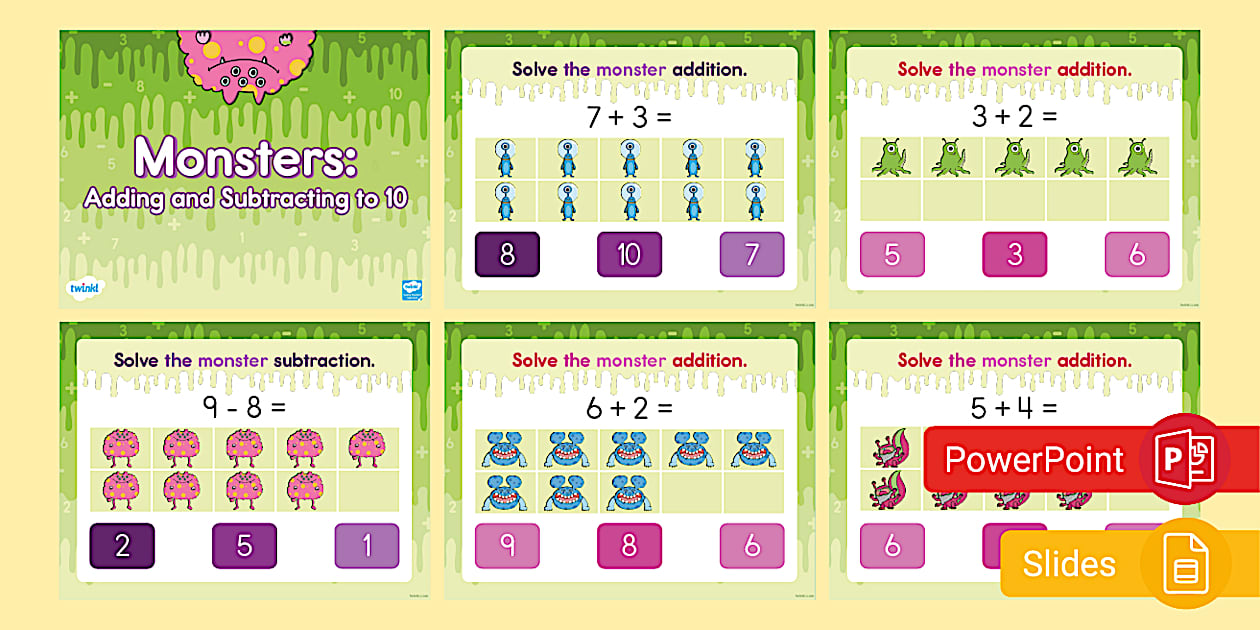 Monsters: Adding and Subtracting to 10 PowerPoint & Google Slides