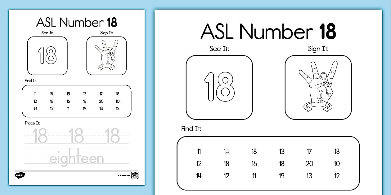 ASL Number 18 Worksheet (teacher made) - Twinkl