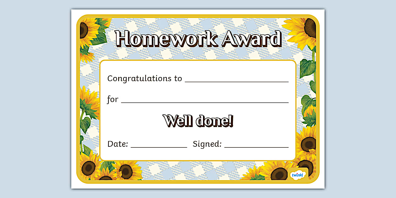 Sunflower-Themed Homework Award Certificate (teacher made)