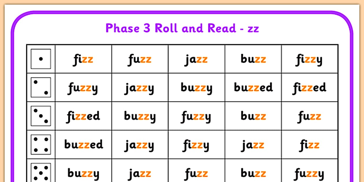 Black and White Phase 3 'zz' Phoneme Roll and Read Mat