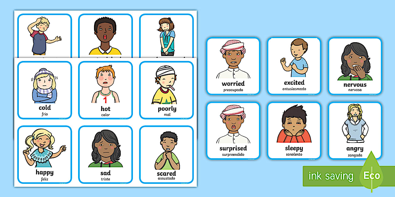Feelings and Emotions Cards English/Portuguese - Twinkl