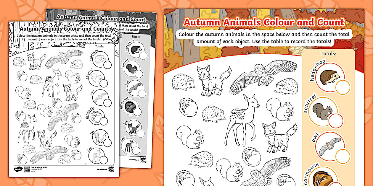 👉 Autumn Animals Colour and Count Activity Sheet - Twinkl