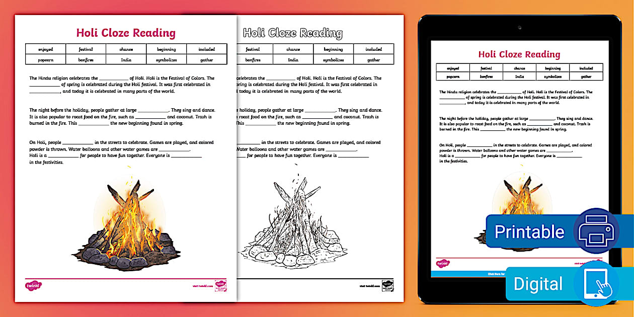 Third Grade Holi Cloze Reading Activity (Teacher-Made)
