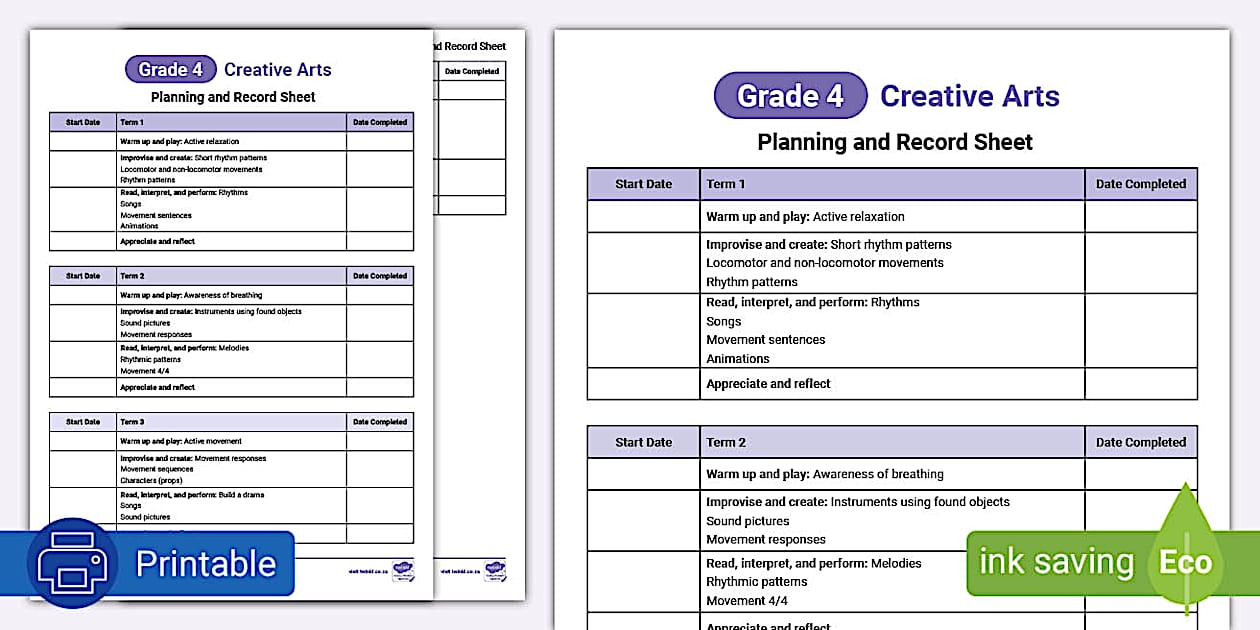 Grade 4 Creative Arts Planning and Record Sheet - Twinkl