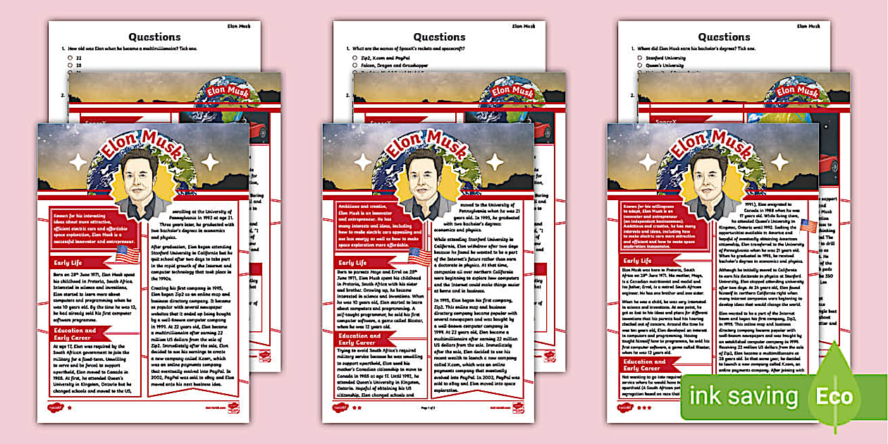 UKS2 Elon Musk Differentiated Reading Comprehension Activity