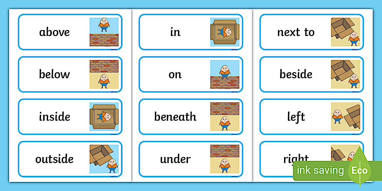 Cursive Humpty Dumpty Positional Language Word Cards