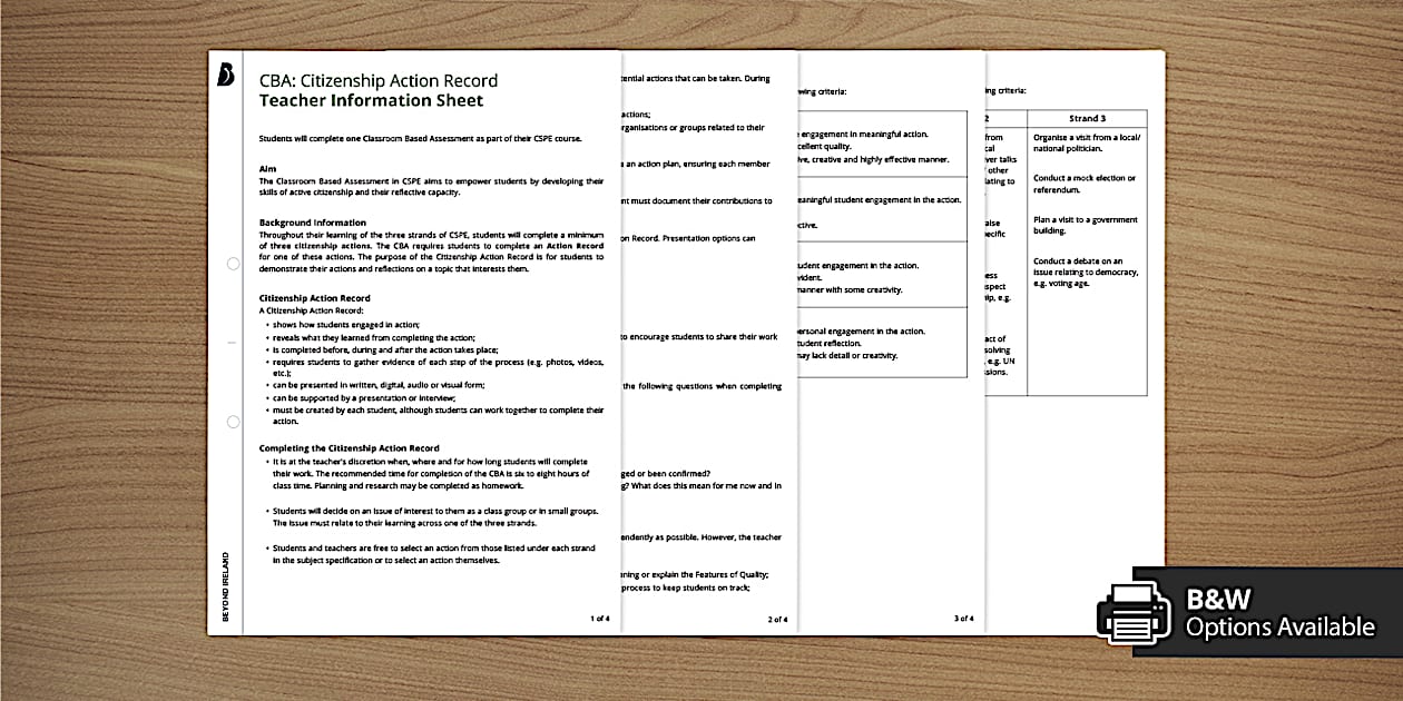 CBA Citizenship Action Record - Twinkl - Junior Cycle