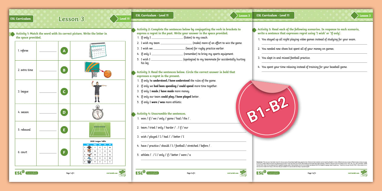 ESL Curriculum Level 11, Lesson 3 Activity Sheet - Twinkl