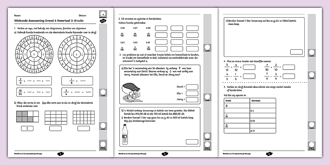 * NEW * Graad 4 Wiskunde - Kwartaal 3 - Breuke - Toets (CAPS)