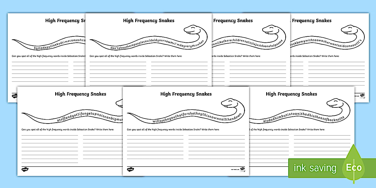 Editable 100 High Frequency Words Word Snake Worksheets