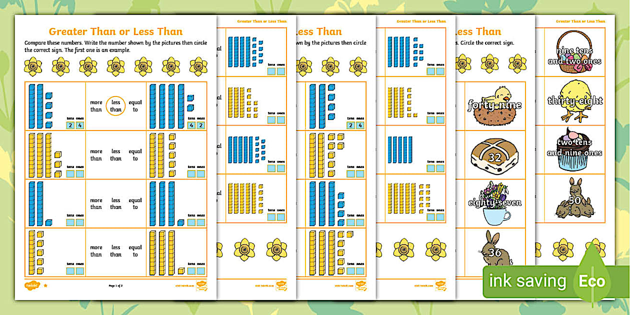 Spring-Themed Greater Than or Less Than Worksheets - Twinkl