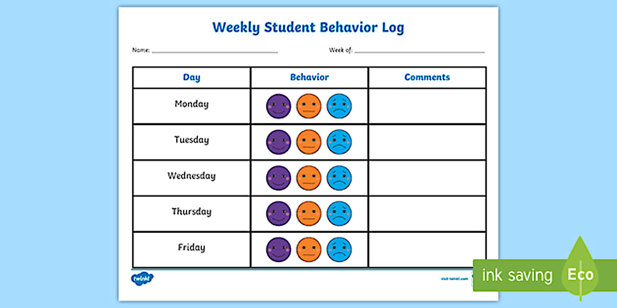 Black and White Weekly Student Behavior Log Form - Twinkl
