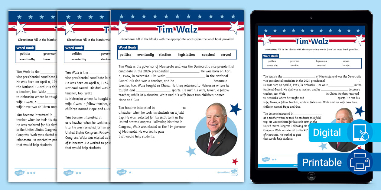 Fourth Grade Tim Walz Differentiated Cloze Reading Worksheet