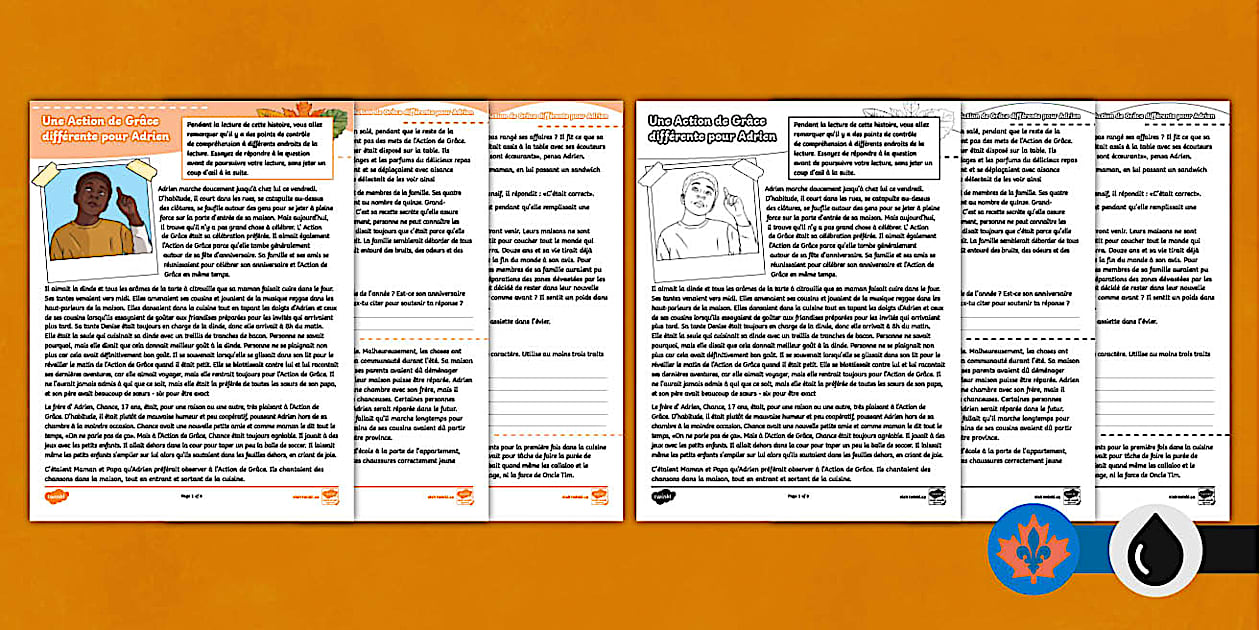 Adrian's Different Thanksgiving Story Comprehension French