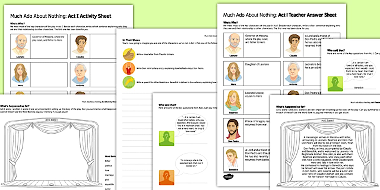 Much Ado About Nothing Act 1 Worksheet and Answers | Twinkl