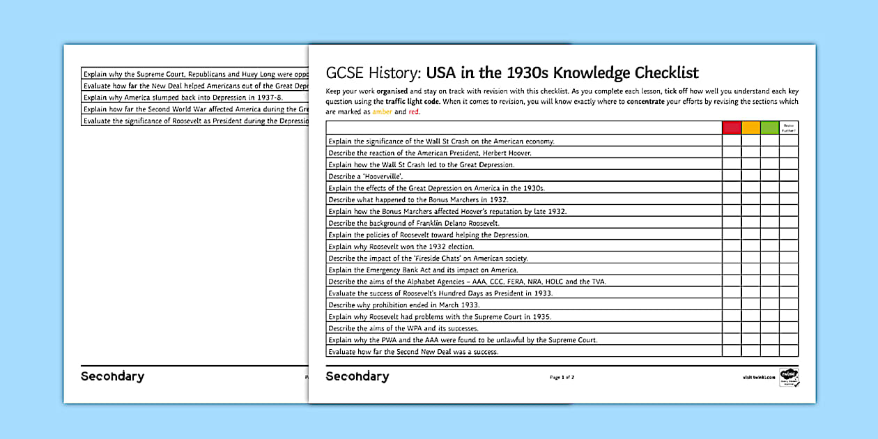 USA in 1930s Knowledge Checklist Worksheet / Worksheet
