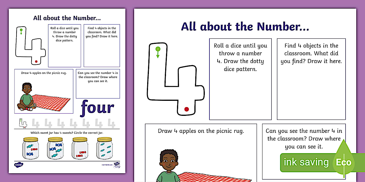 All about the Number 4 Worksheet - Twinkl