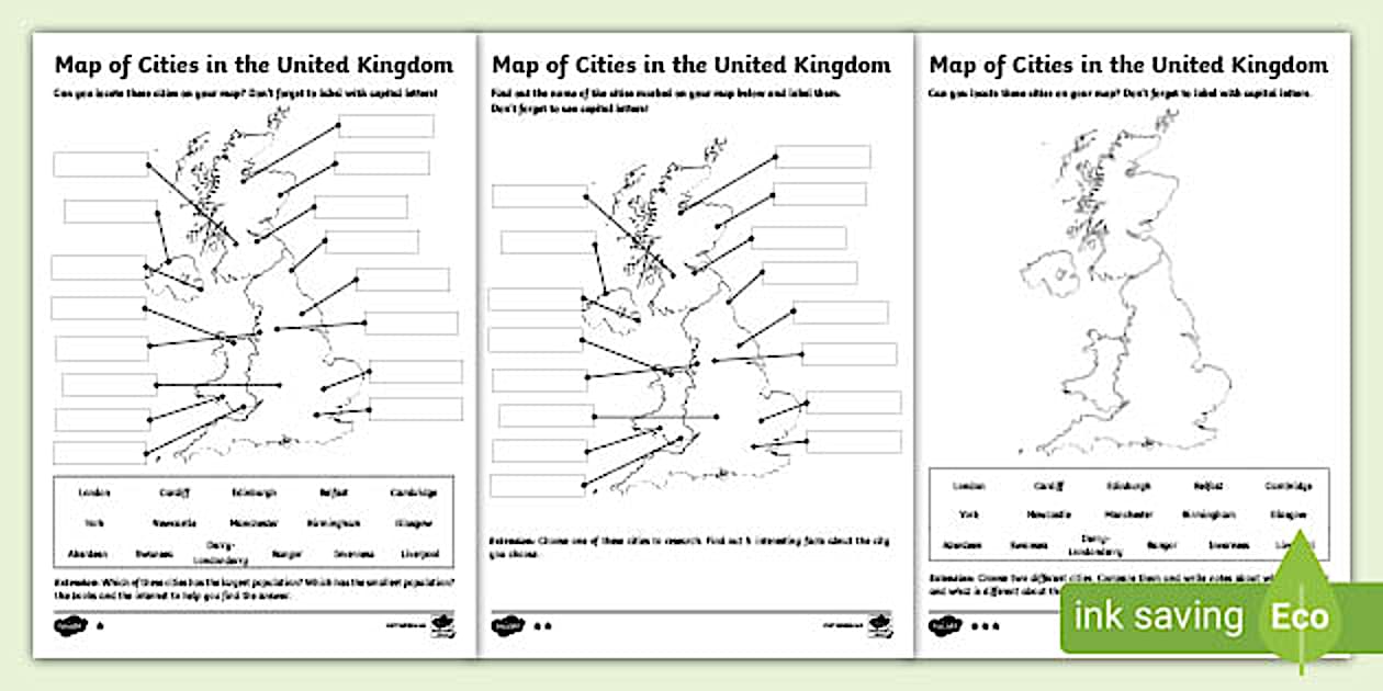 Locating UK Cities on a Map Differentiated Worksheet