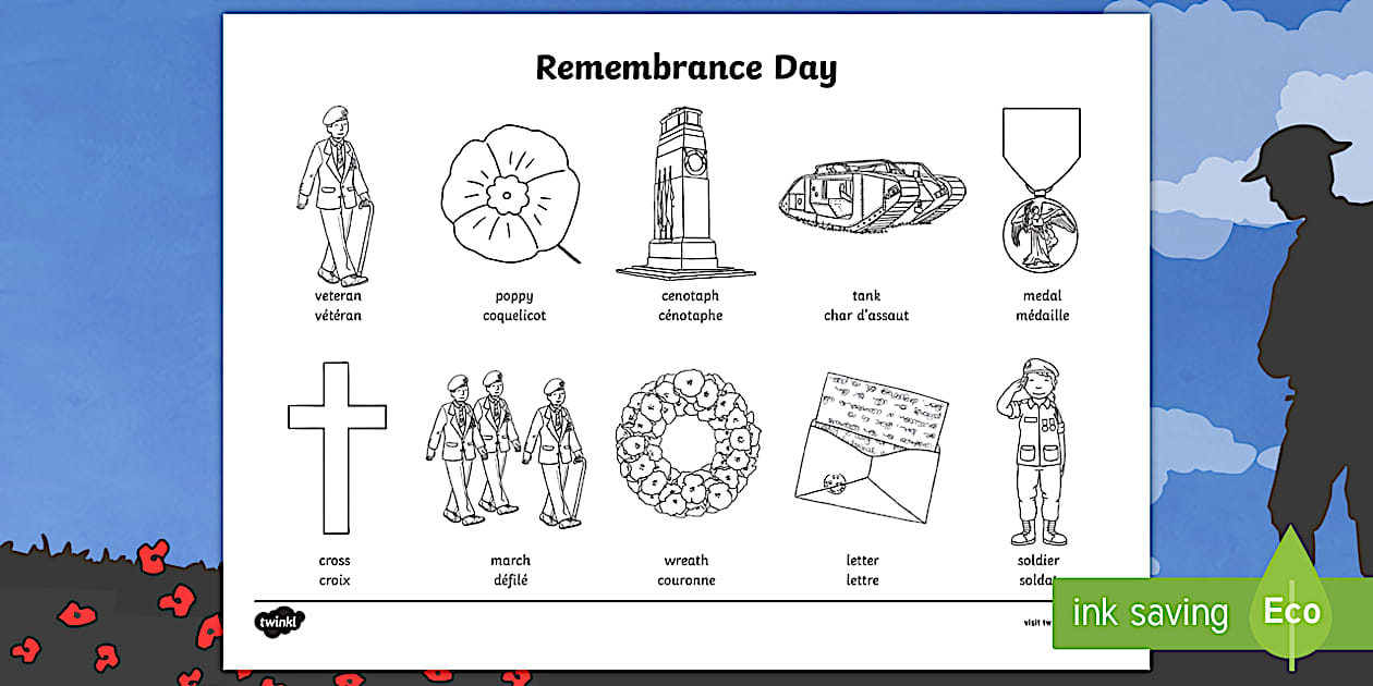 French Remembrance Day Words Colouring Sheet | Twinkl French