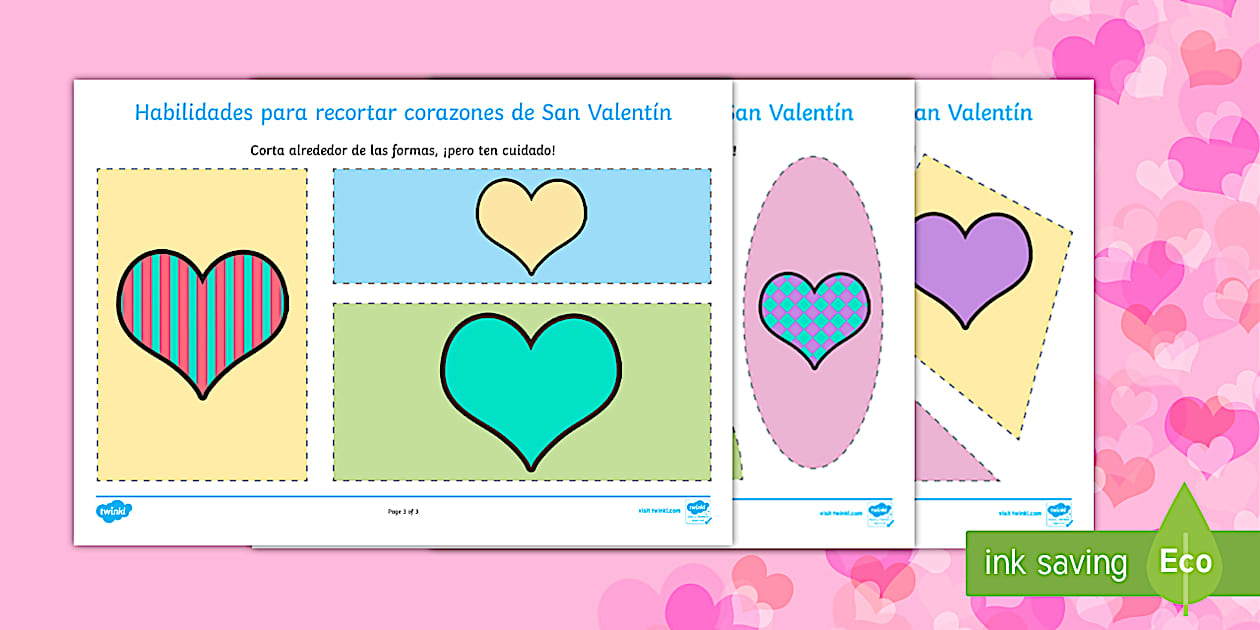Hoja para recortar corazones de San Valentin Ficha de motricidad fina