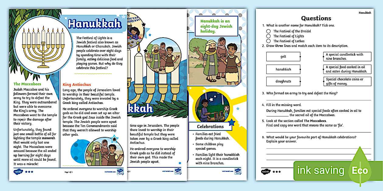 KS1 Hanukkah Differentiated Reading Comprehension Activity