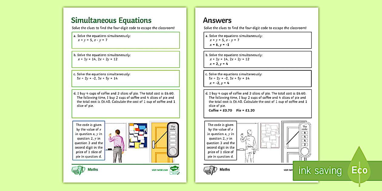 GCSE Escape the Room: Simultaneous Equations Challenge Card