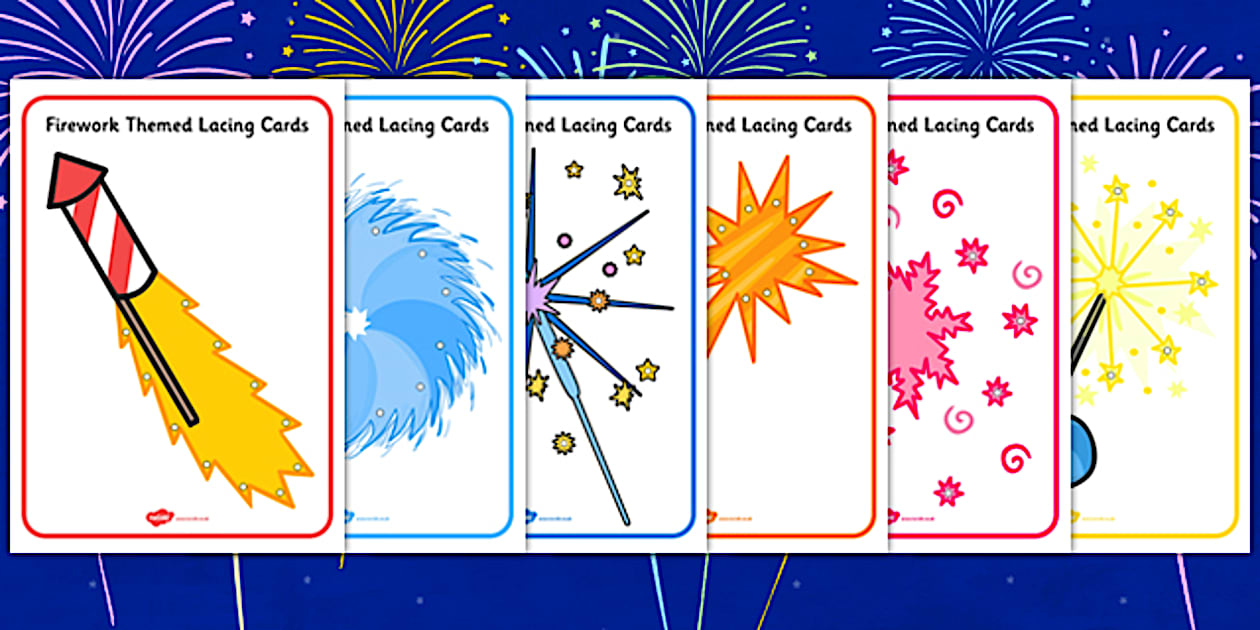 Black and White Firework Themed Lacing Cards - Twinkl