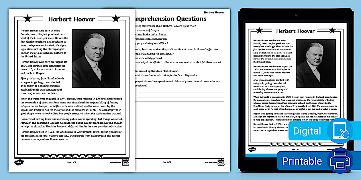 8th Gr Herbert Hoover Reading Passage Comprehension Worksheet