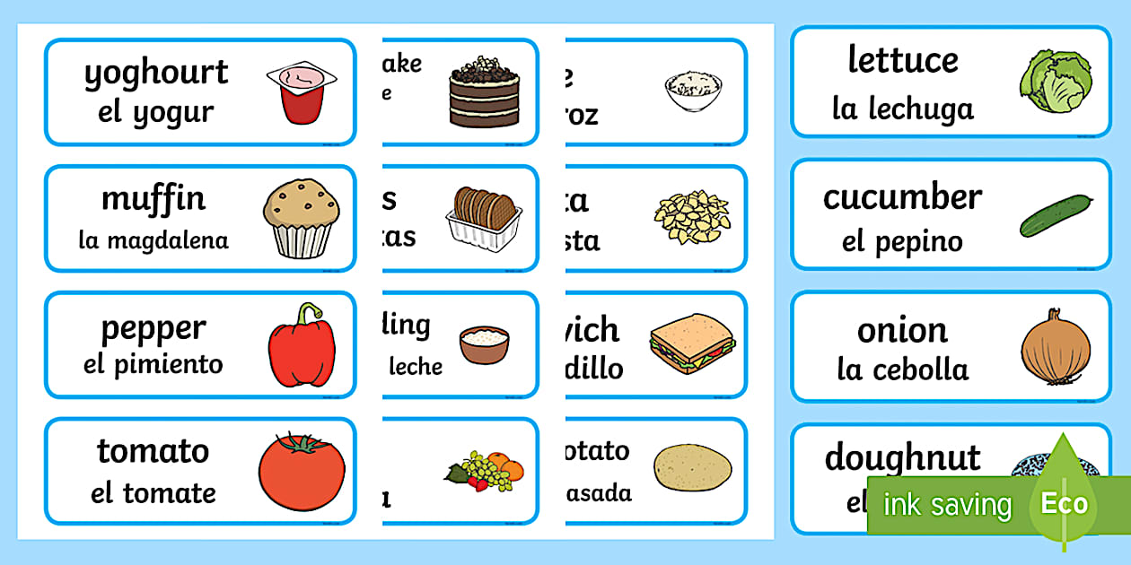 Food Word Cards English/Spanish (teacher made) - Twinkl