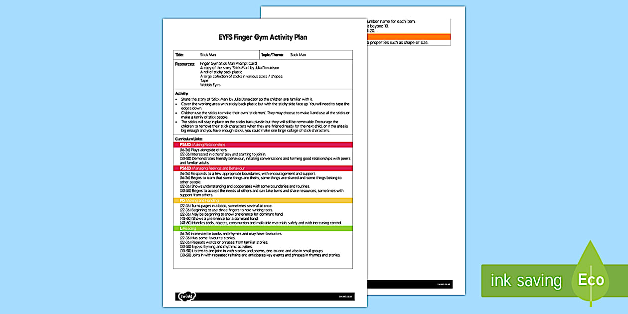 EYFS Mr Twig Finger Gym Plan and Prompt Card Pack- eyfs, stick man, finger