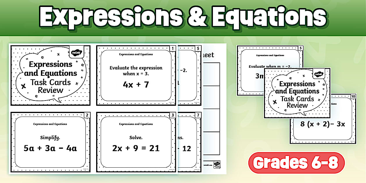 Expressions and Equations Task Cards Review for 6ht-8th