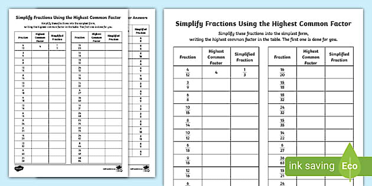 Grade 7 Maths PDF | Simplify Fractions Worksheet - Twinkl