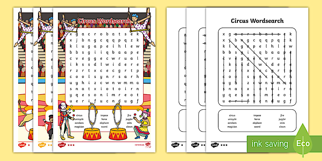 Black and White Circus Word Search (Differentiated) - Twinkl