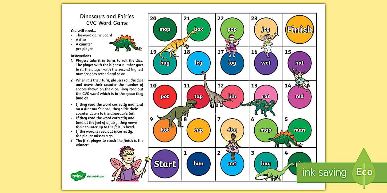 Dinosaur and Fairies CVC Word Game (Teacher-Made) - Twinkl
