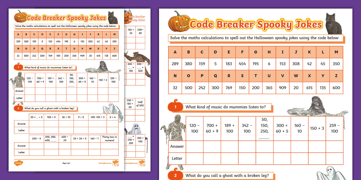 Halloween Code-Breaker Jokes Activity - Years 3-4 - Maths