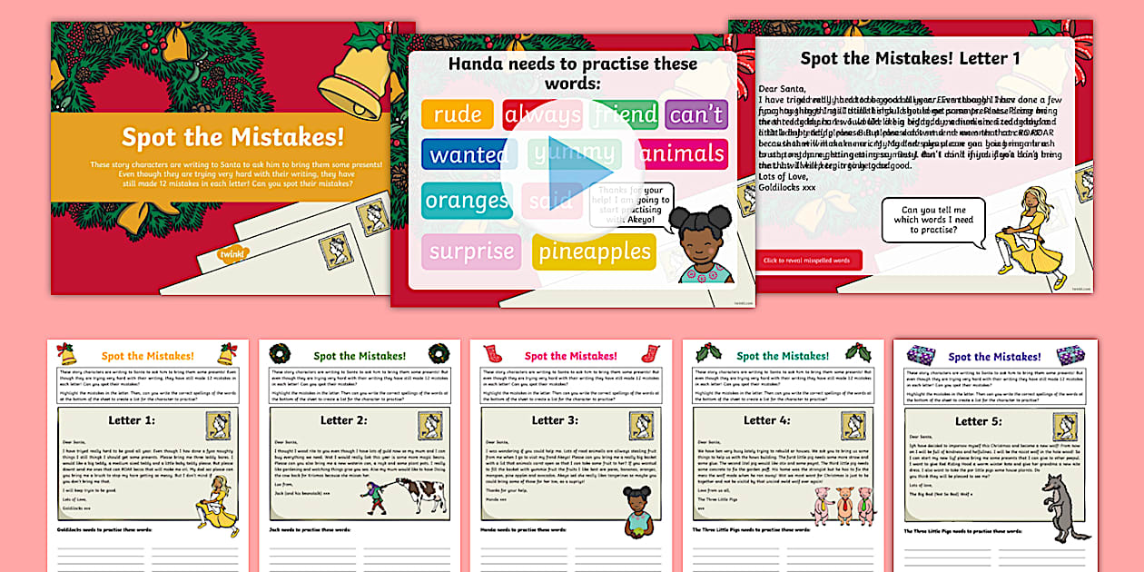 KS1 Letters to Santa: Spot the Spelling Mistake Resource Pack