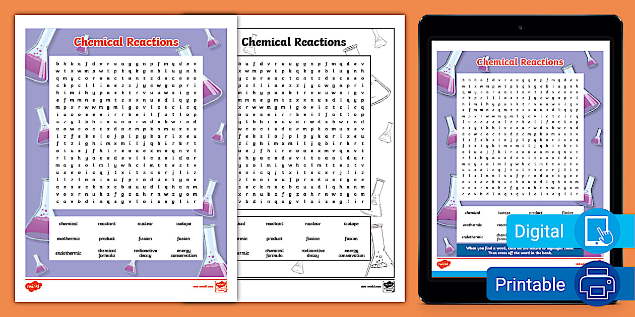 Chemical Reactions Word Search for 6th-8th Grade