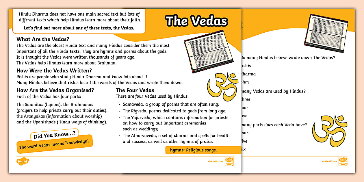 KS1 All About the Vedas Fact File and Quick Quiz - Twinkl