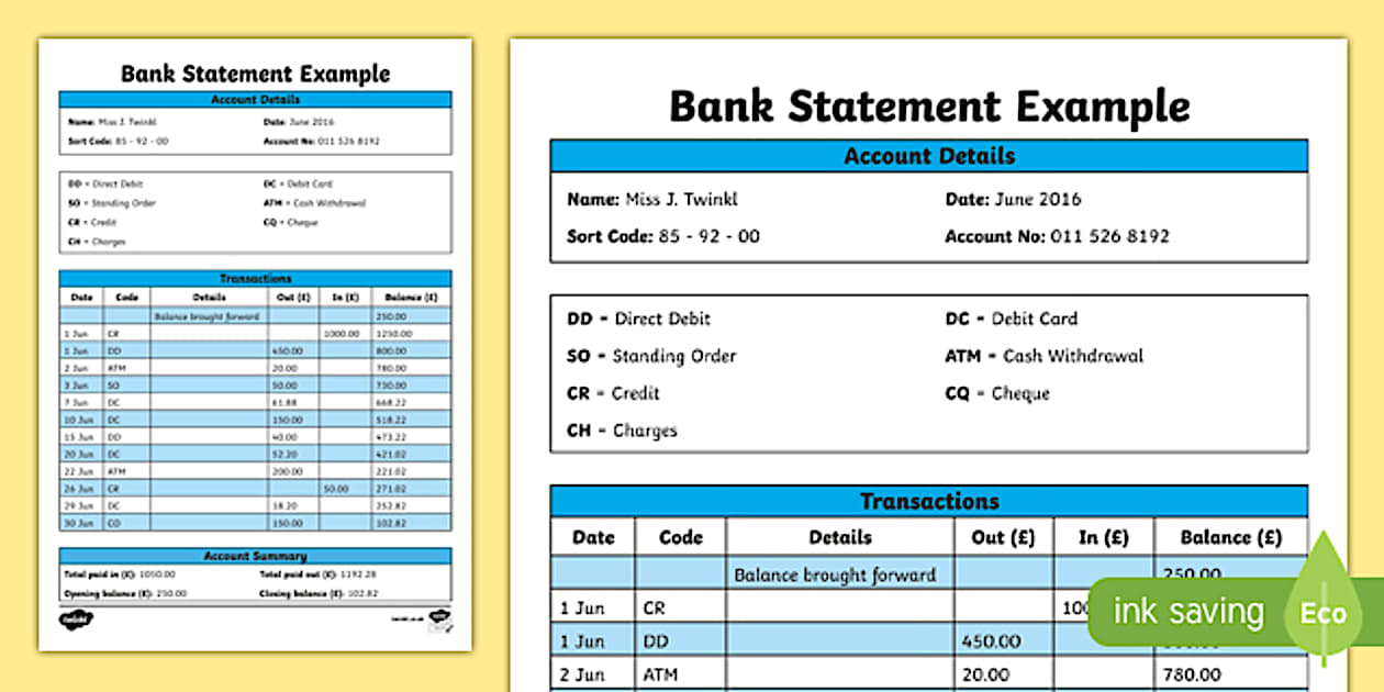 Bank Statement Example (teacher made) - Twinkl
