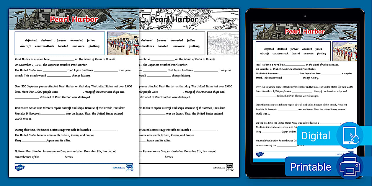 Fourth Grade Pearl Harbor Cloze Reading Worksheet - Twinkl