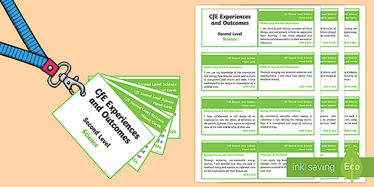 Lanyard-Sized CfE Second Level Science Experiences and Outcomes Cards