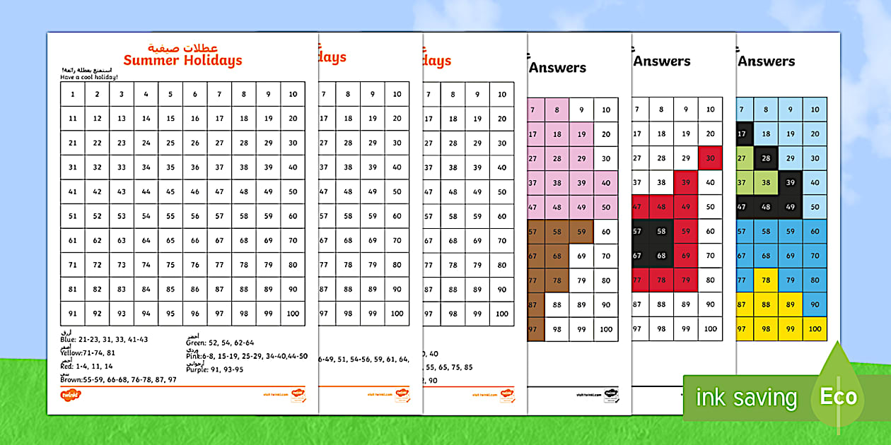 Summer Holidays Colour by Number 100s Chart Worksheet / Worksheets