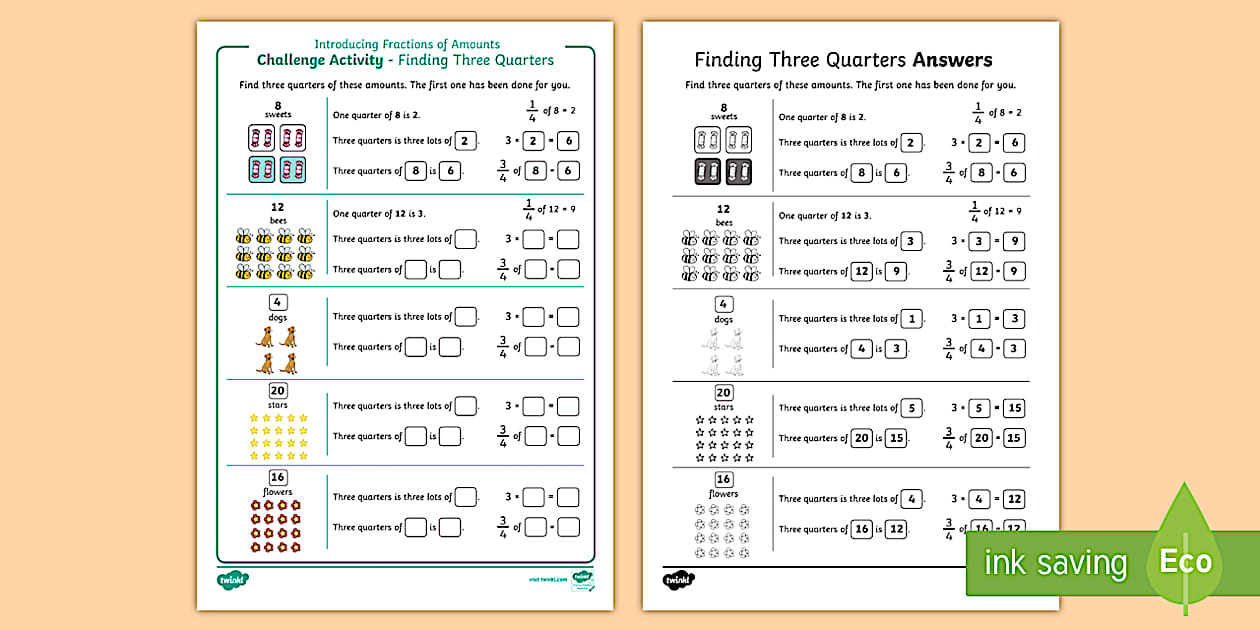 Finding Three Quarters - Fractions Challenge Worksheet