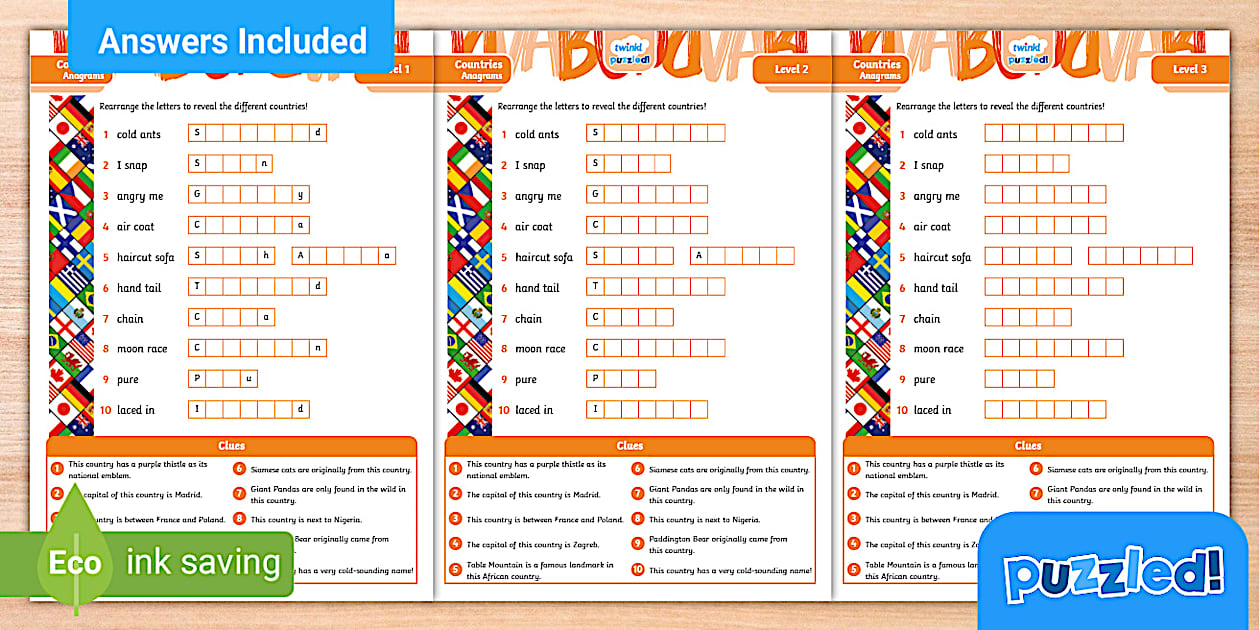 Anagrams of Countries - Twinkl Puzzled (professor feito)