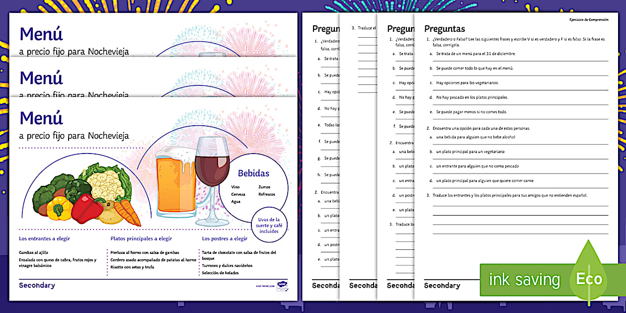 New Year's Eve Menu Differentiated Reading Comprehension Activity Spanish