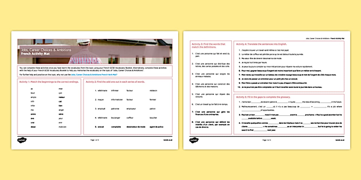 Jobs Career Choices and Ambitions French Activity Mat