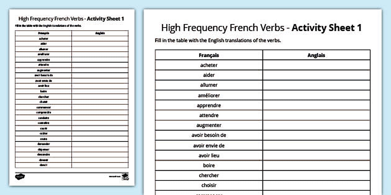 100 High Frequency French Verbs Worksheet / Worksheet 1, worksheet