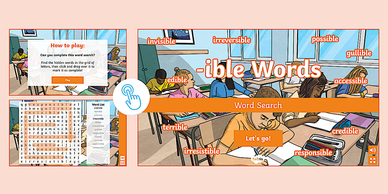 Words Ending in -ible Interactive Word Search (teacher made)
